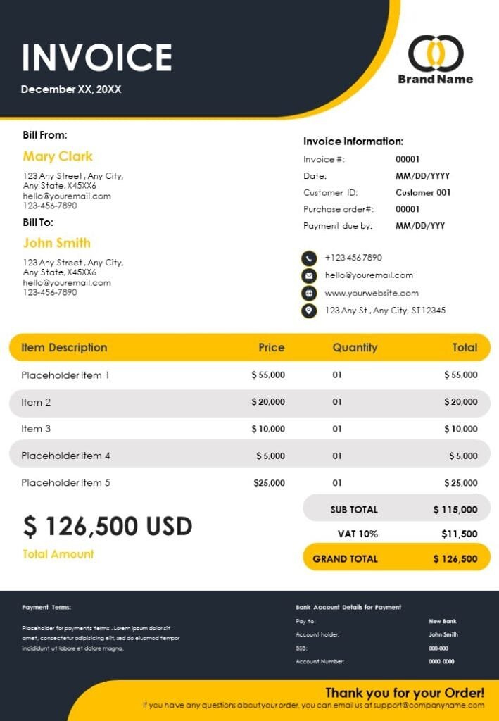 Yellow Business Invoice A4 Template | PPT & Google Slides