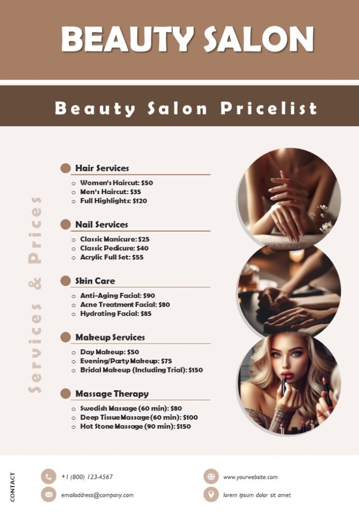 Beauty Salon Services Prices Flyer Template and Google Slides
