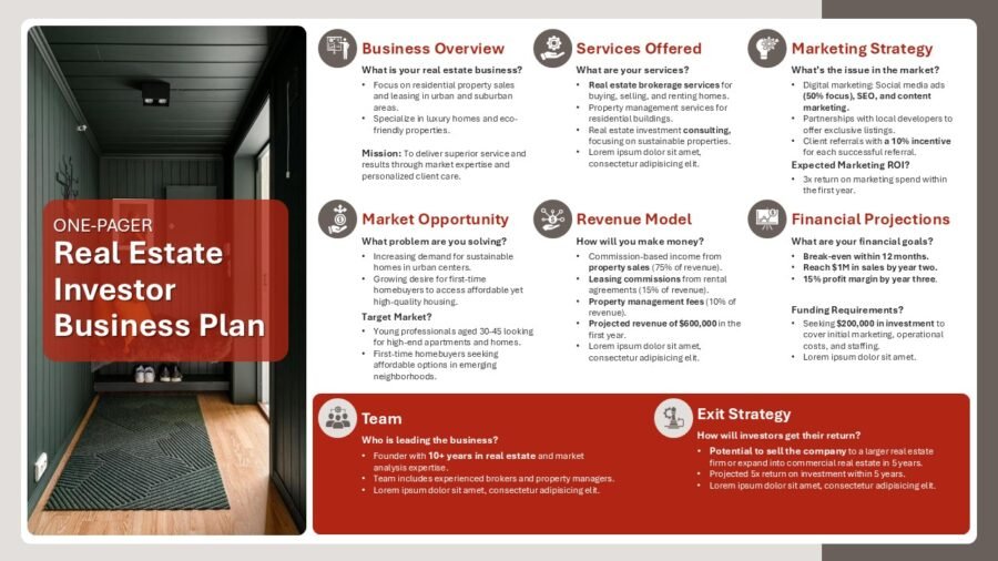 One Page Real Estate Investor Business Plan PPT Templates