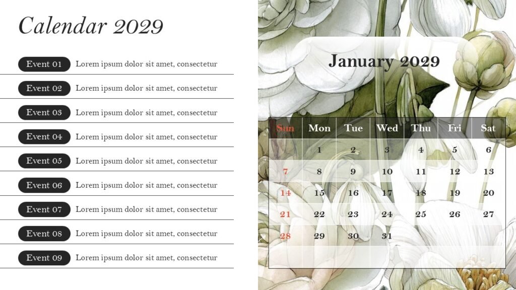 Monthly Event Planning Calender 2029 PowerPoint Infographics | SlidesBrain