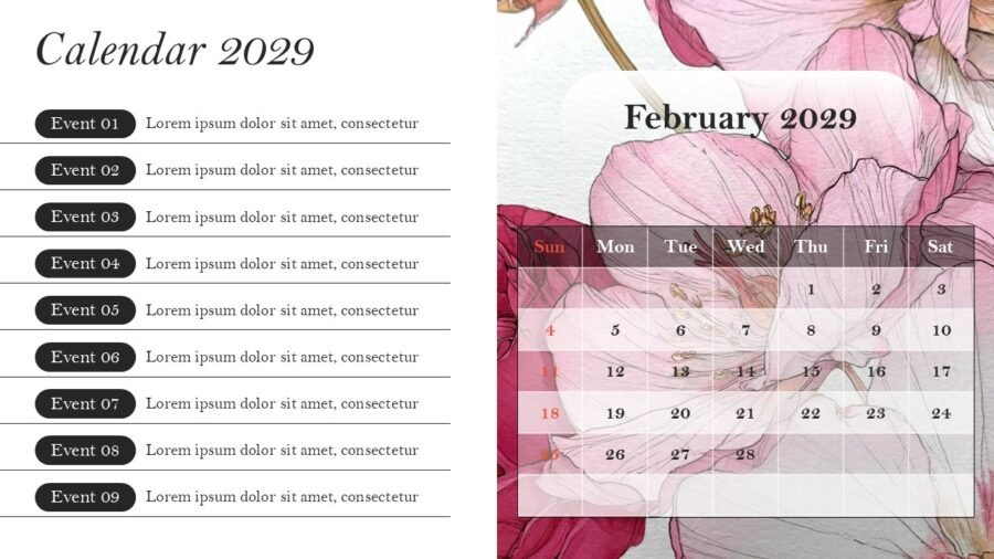 Monthly Event Planning Calender 2029 PowerPoint Infographics | SlidesBrain