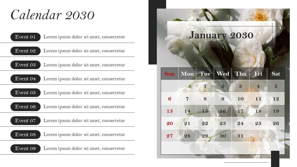 Monthly Event Planning Calender 2030 PowerPoint Infographics | SlidesBrain
