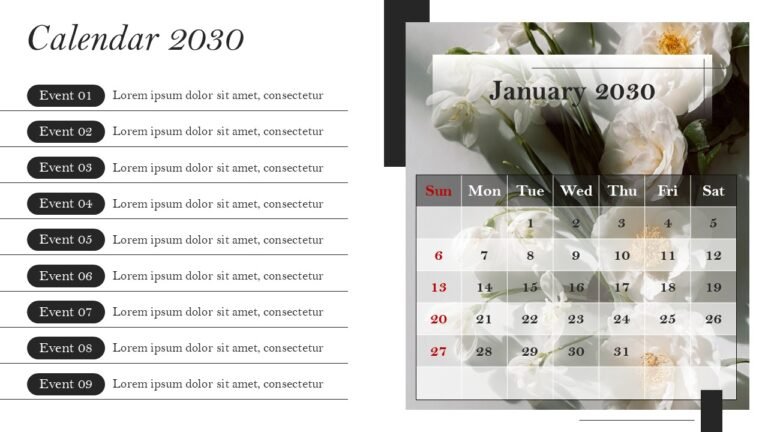Monthly Event Planning Calender 2030 PowerPoint Infographics | SlidesBrain