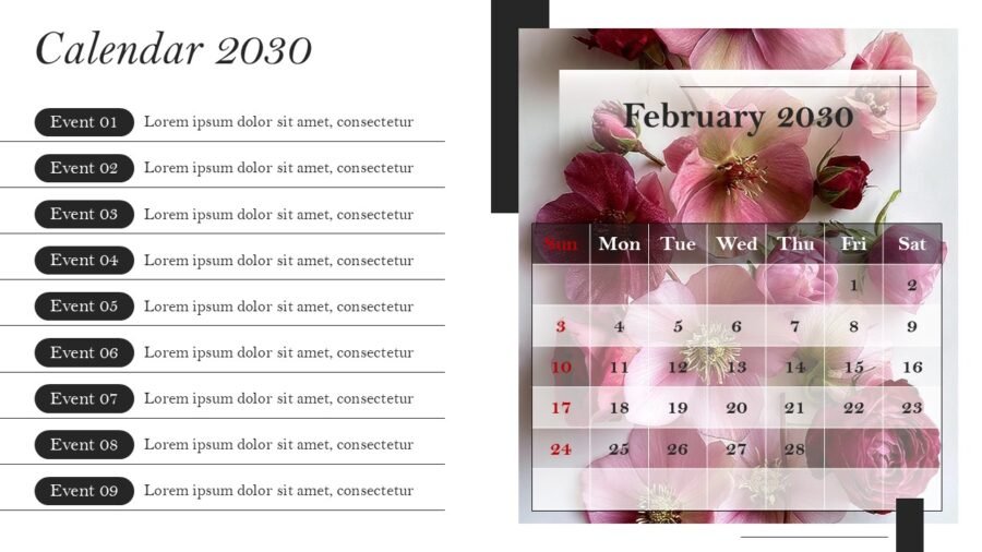 Monthly Event Planning Calender 2030 PowerPoint Infographics | SlidesBrain