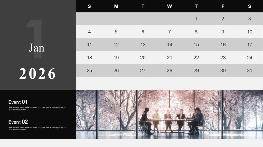Monthly Planning Calendar 2026 PowerPoint Infographics | SlidesBrain